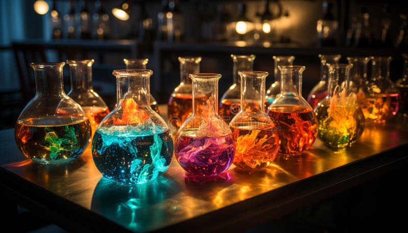 Scientist Analyzing Liquid in Multi Colored Beakers on Laboratory Table ...