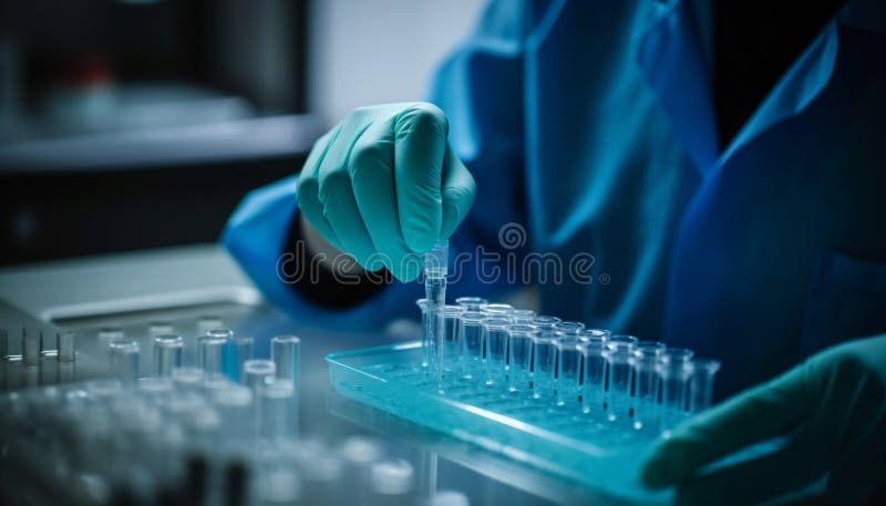 Scientist Analyzing Medical Sample with Blue Liquid in Laboratory ...