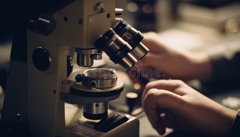 Scientist Analyzing Medical Sample with High Scale Magnification ...