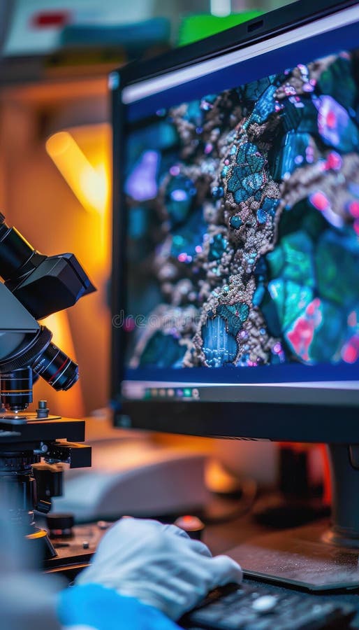 Scientist Analyzing Rare Earth Minerals with Microscope and Computer ...
