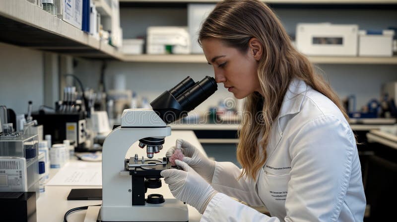 Scientist Analyzing Sample with Microscope in Laboratory Stock Image ...