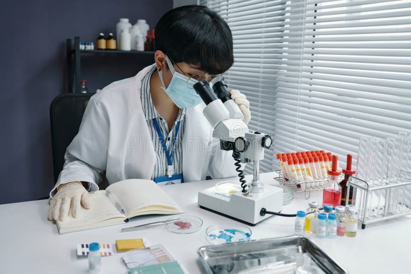 Scientist Analyzing Samples Under Microscope Sterile Lab Stock Photos ...
