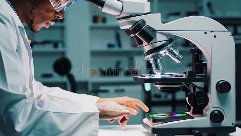 Scientist Analyzing Samples Under Microscope in Modern Laboratory ...