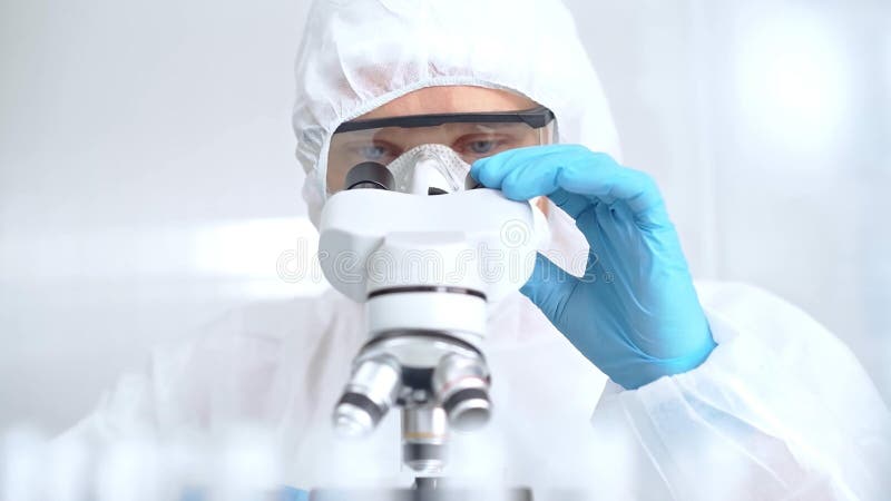 Scientist is Analyzing Samples Using a Microscope in a Laboratory ...