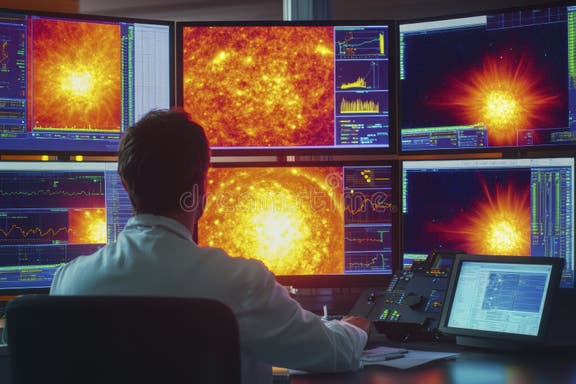 Scientist Analyzing Solar Activity on Multiple Screens in a High-tech ...