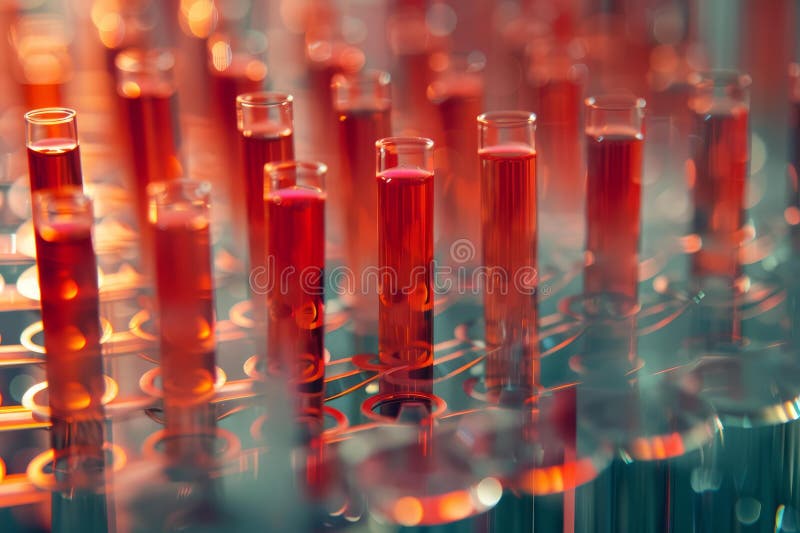Scientist Analyzing Test Tubes Full of Red Liquid in a Modern ...
