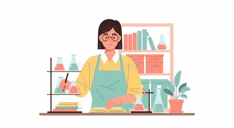 Scientist Writing in Lab Notebook with Beakers and Shelves Stock ...