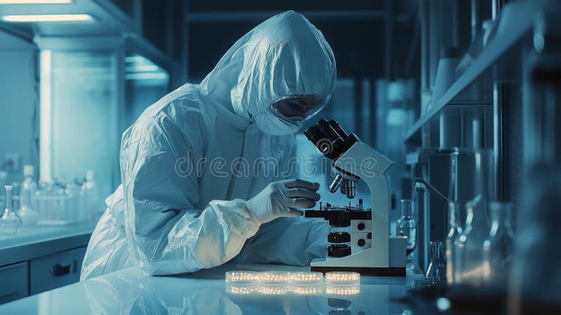 Scientist in Biohazard Suit Examining Virus Samples in High-Security ...