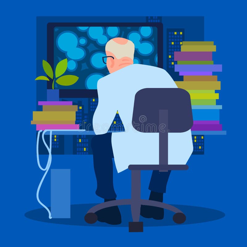 Scientist Biologist Working on the Computer, Back View. Vector Stock ...