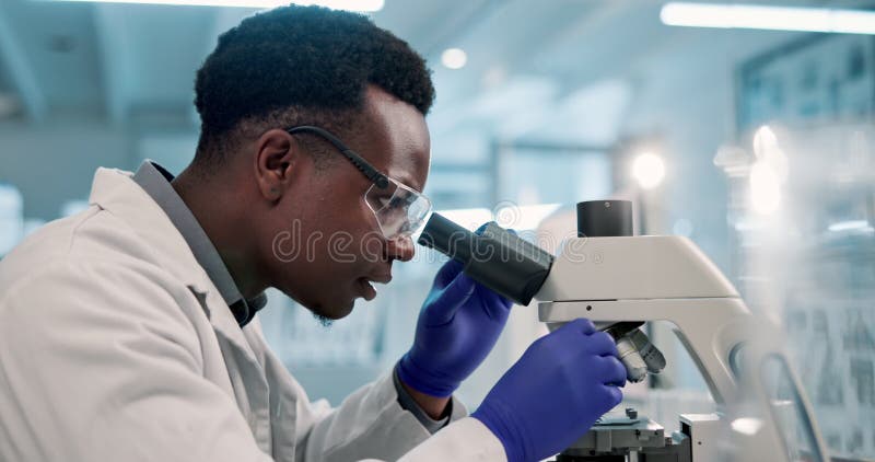 Scientist, Black Man and Microscope or Writing in Laboratory for ...