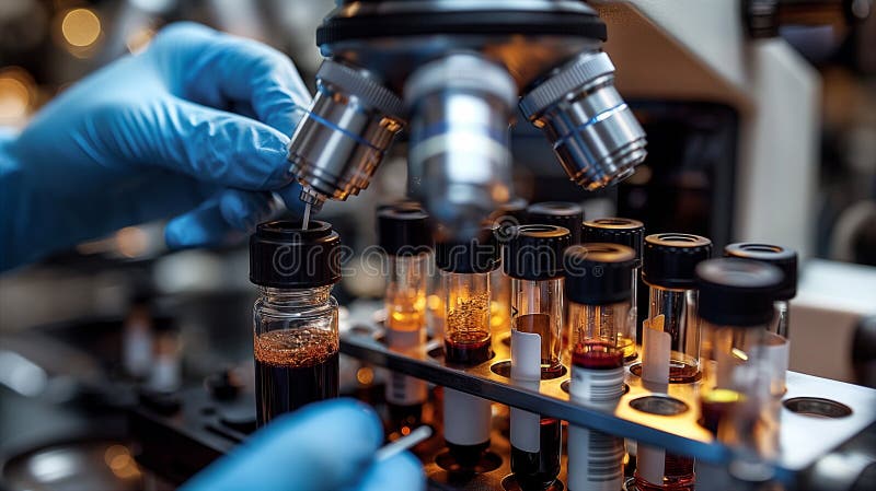 Scientist Conducting Analysis Using Microscope and Test Tubes in Lab ...
