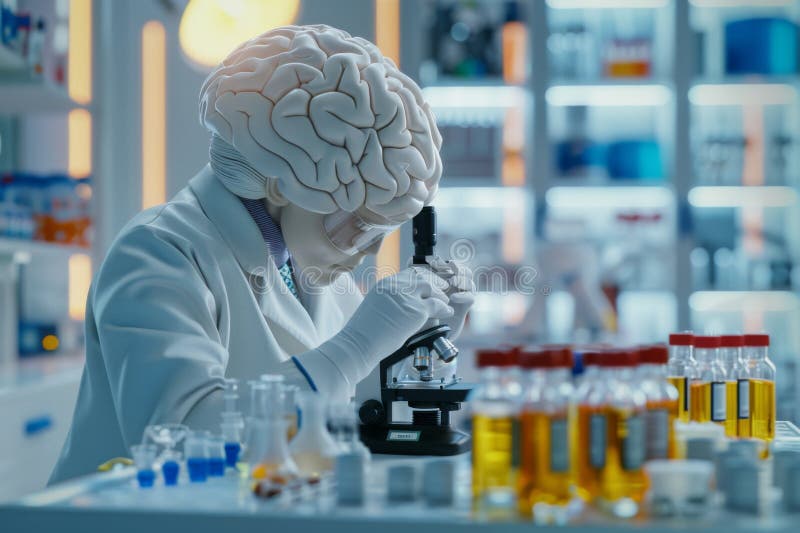 A Scientist with a Brain-shaped Head Studies Samples Under a Microscope ...