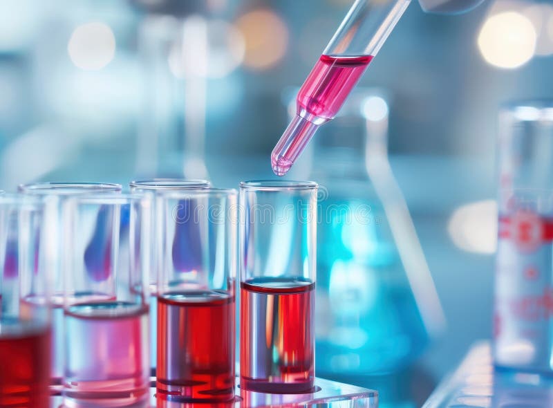 A Scientist Carefully Pipettes Pink Liquid into Test Tubes during a ...