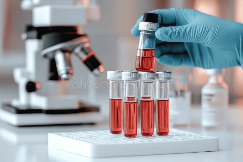 A Scientist Carefully Places a Vial of Red Liquid into a Rack of Test ...