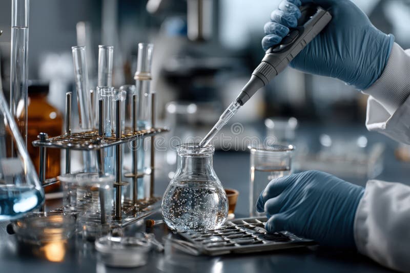 Dedicated Scientist Carefully Using Pipette Pour Liquid Beaker Stock ...