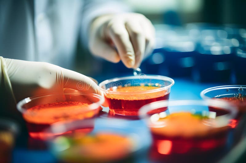 Scientist Checking Testing Result with Red Additive Oily Liquid in Bowl ...