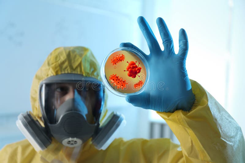 Scientist in Chemical Protective Suit with Petri Dish in Laboratory ...