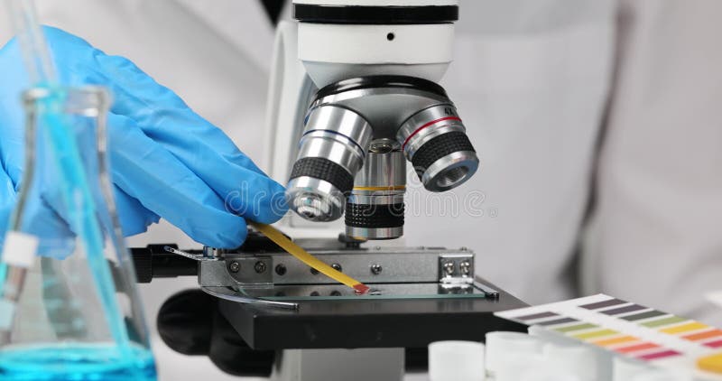 Scientist Chemist Holds in Hands Ph Liquid Test with Microscope Closeup ...
