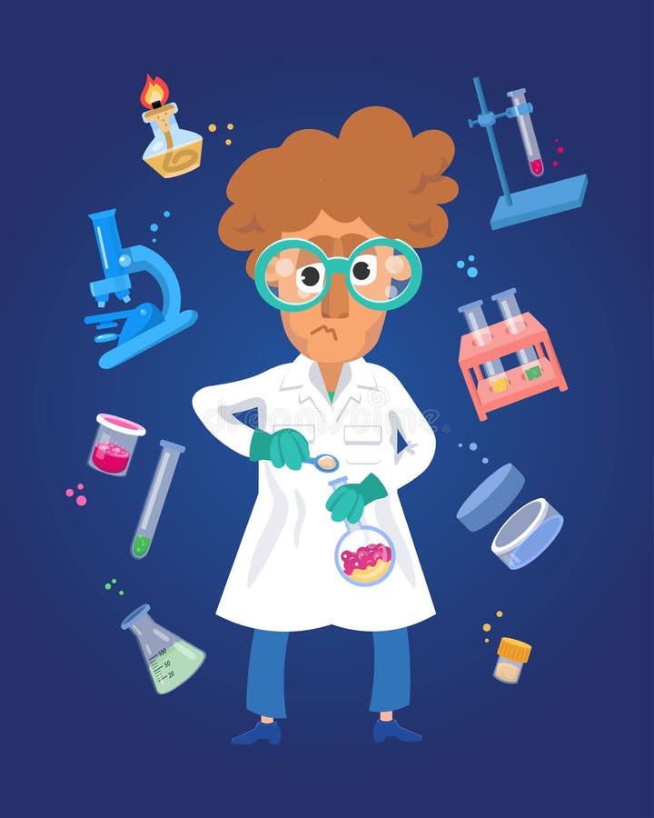 Scientist Chemist among the Objects. Microscope with Mirror in Cartoon ...