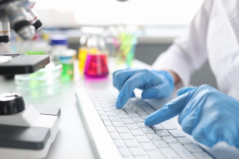 Scientist Chemist Typing on Keyboard in Laboratory Closeup Stock Image ...