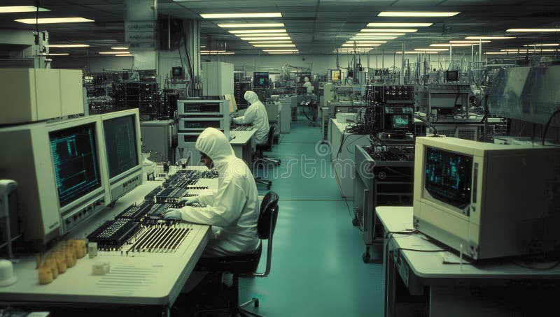 A Scientist in a Clean Room Works on a Computer in a Lab Stock Photo ...