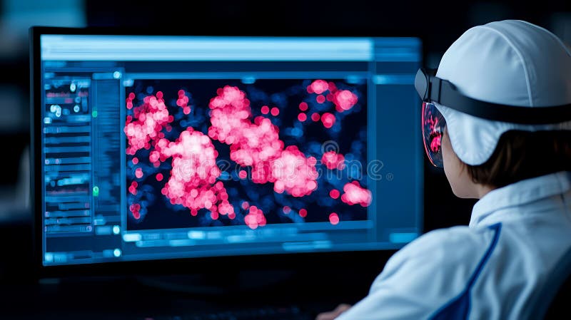 Scientist in Cleanroom Analyzing Cellular Data on Monitor with Vr ...