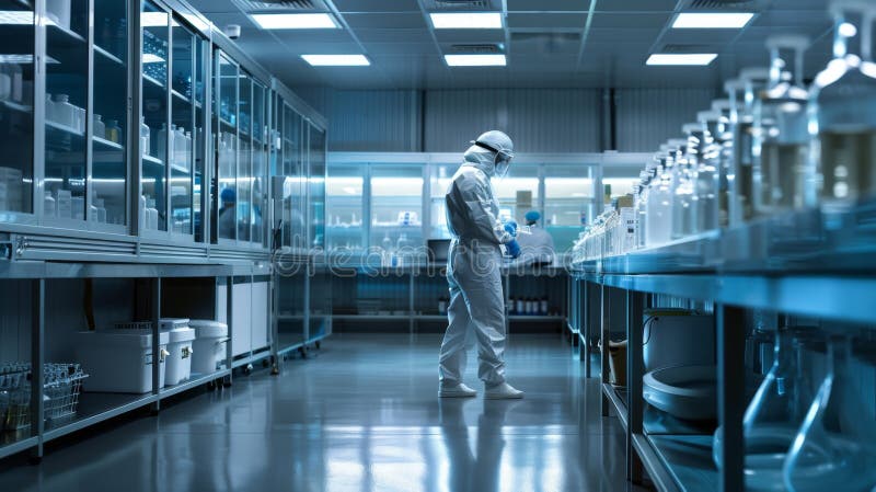 Scientist in Cleanroom Suit Analyzing Data in High-Tech Laboratory ...