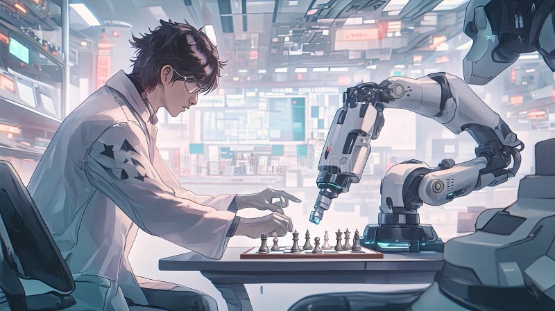 Scientist Collaborates with Advanced Robot in a Futuristic Laboratory ...