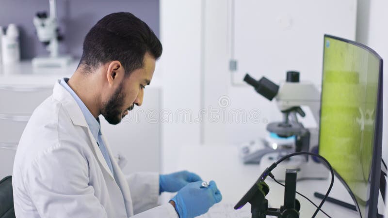 Scientist at Computer, Man with Science Data and Research Study in ...