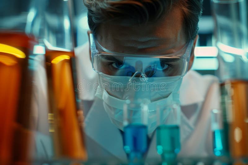 Focused Scientist Wearing Protective Goggles Examining Colorful ...
