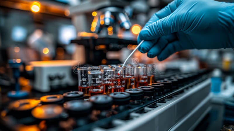 Scientist Conducting Analysis Using Microscope and Test Tubes in Lab ...