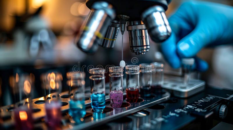 Scientist Conducting Analysis Using Microscope and Test Tubes in Lab ...