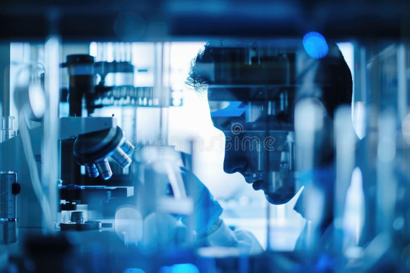 A Focused Man Analyzing Samples with a Microscope and Tablet in a ...
