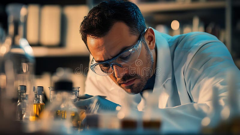 A Scientist Conducting an Experiment in a Laboratory, Closely Observing ...