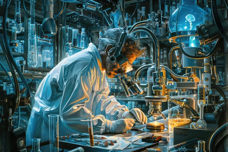 A Scientist is Conducting Experiments Using a Microscope and Hightech Laboratory Equipment AIG58 ...