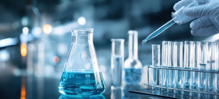 The Scientist Conducts an Experiment with Blue Liquid in a Laboratory ...