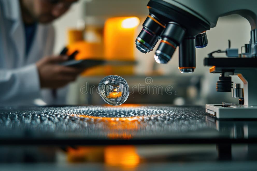 Scientist Conducts Experiment Using a Microscope and Liquid Drop in ...