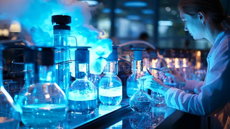 Scientist Conducts Experiments in a Modern Laboratory with Glowing ...