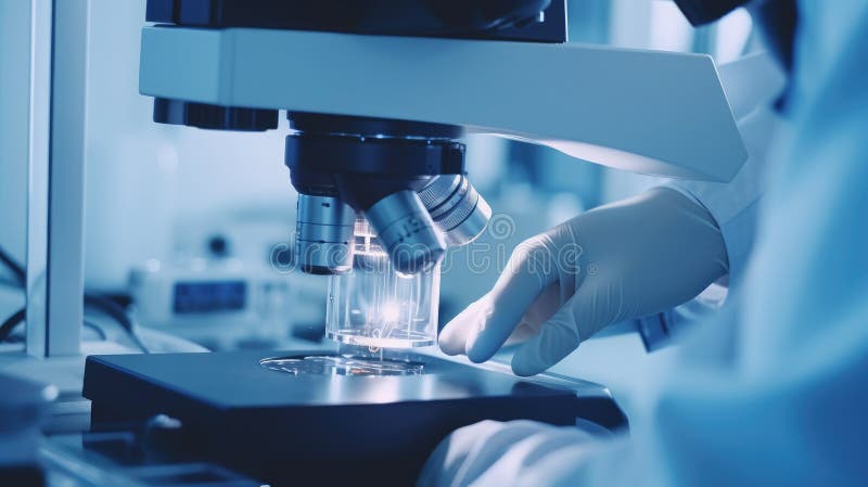 A Scientist Conducts a Research Under a Microscope. a Chemical ...