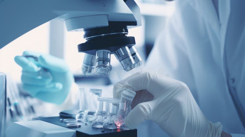 A Scientist Conducts a Research Under a Microscope. a Chemical ...