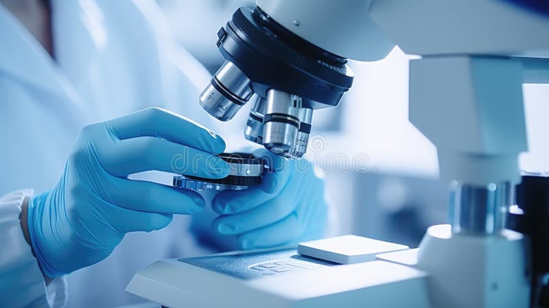 A Scientist Conducts a Research Under a Microscope. a Chemical ...
