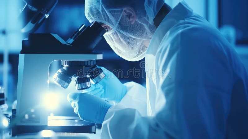 A Scientist Conducts a Research Under a Microscope. a Chemical ...