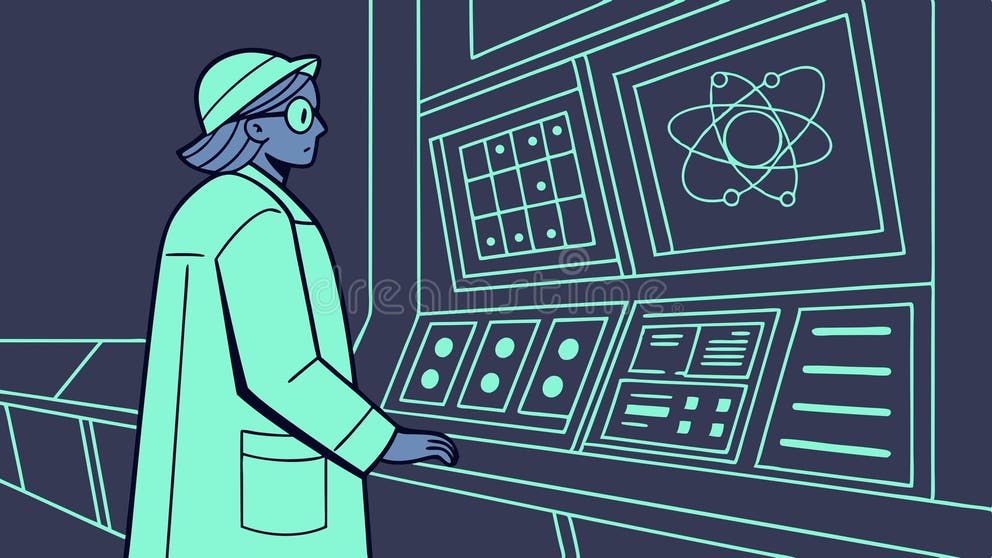 Scientist at Control Panel, Managing Complex Nuclear Technology. Vector ...