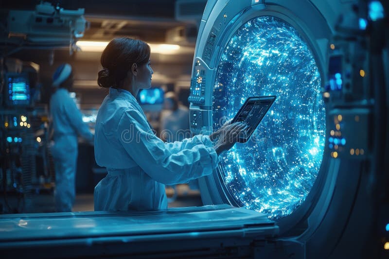 Scientist Controls Advanced Technology in Laboratory Setting with Blue ...