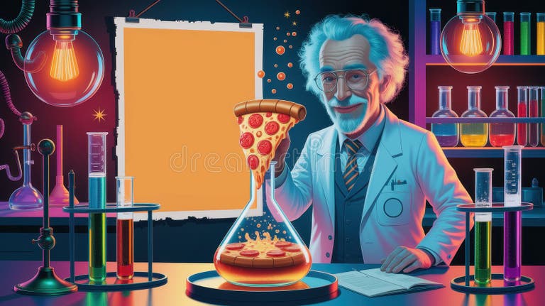 Scientist Creating Pizza in Laboratory with Beakers and Bright Lights ...