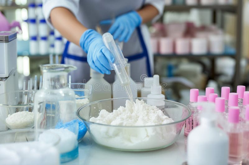 Scientist Developing Cosmetic Product in Laboratory, Various Containers ...