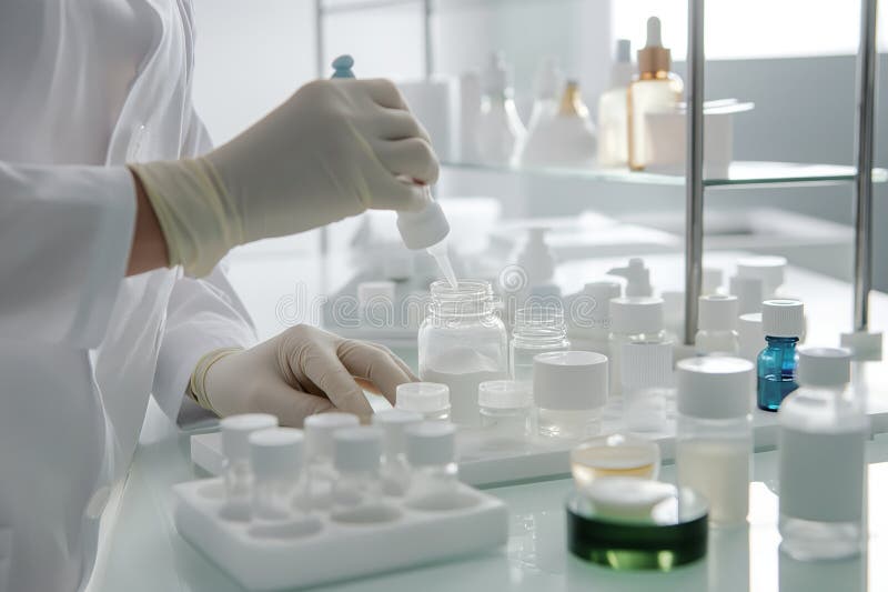 Scientist Developing Cosmetic Product in Laboratory, Various Containers ...