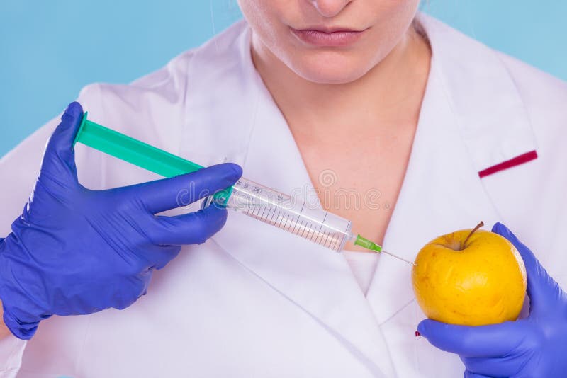 Scientist Doctor Injecting Apple. GM Food. Stock Image - Image of human ...