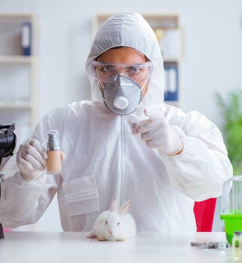 Scientist with Rabbit and Cosmetic Product in Chemical Laboratory ...