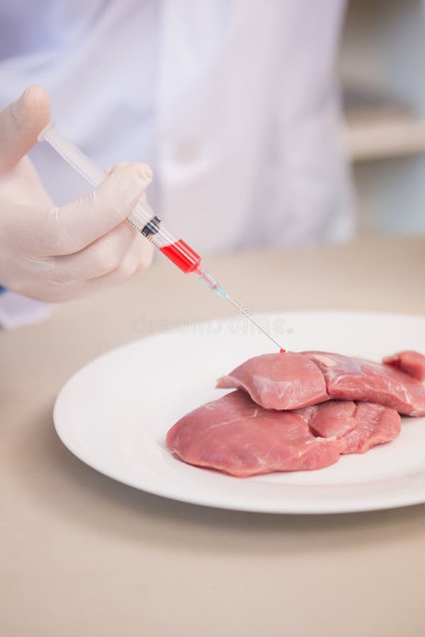 Scientist Doing Injection To Pieces of Meat Stock Image - Image of ...
